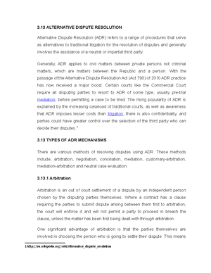 ADR Notes - ALTERNATIVE DISPUTE RESOLUTION CONFLICT MANAGEMENT Conflict ...