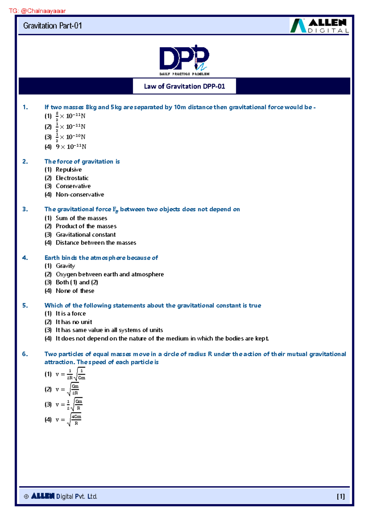 ALL PDF - .ghgj - Gravitation Part- 01 1. If two masses 8kg and 5kg are ...