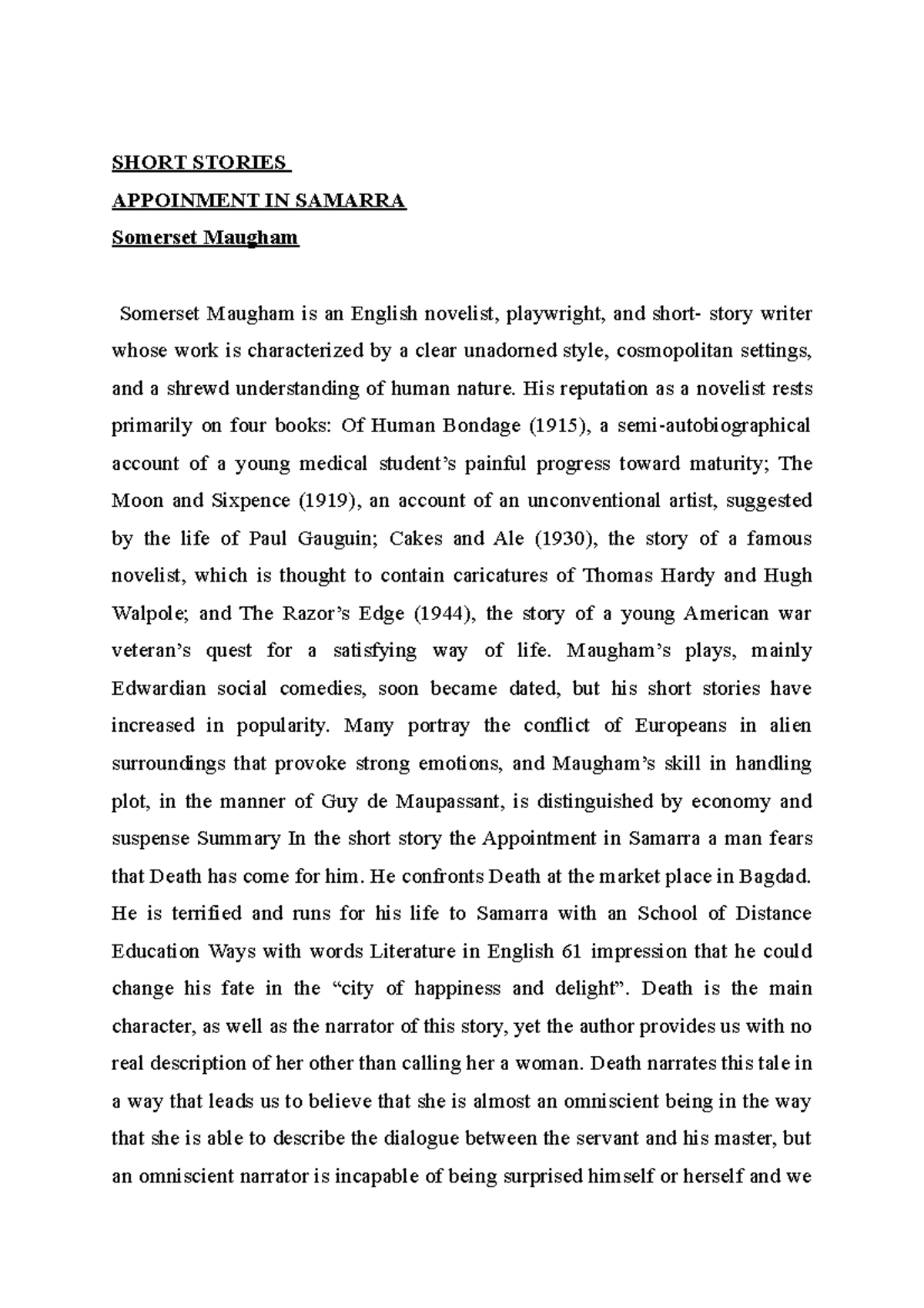 014 English literature appointment in samarra short story somerset ...