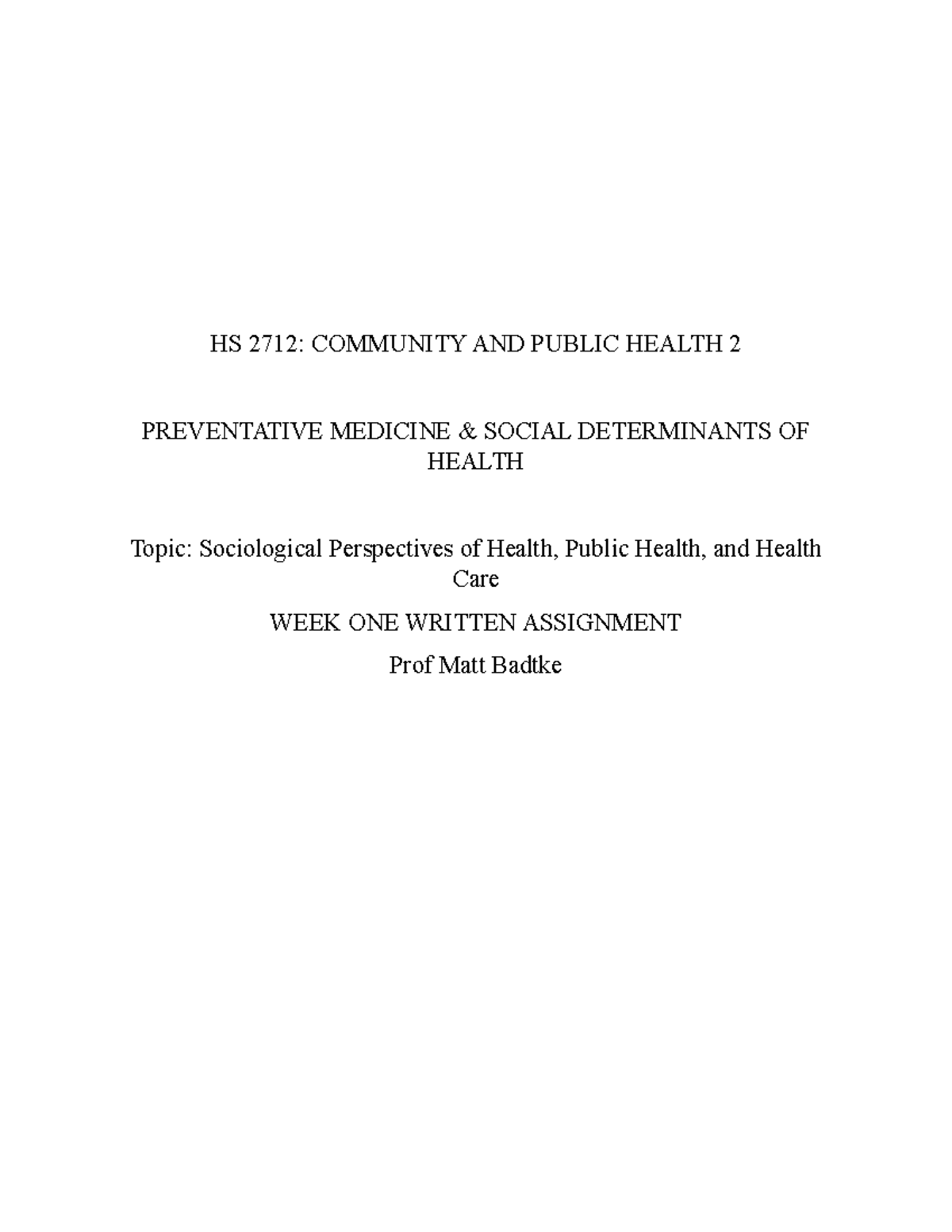 Written assignment - HS 2712: COMMUNITY AND PUBLIC HEALTH 2 ...