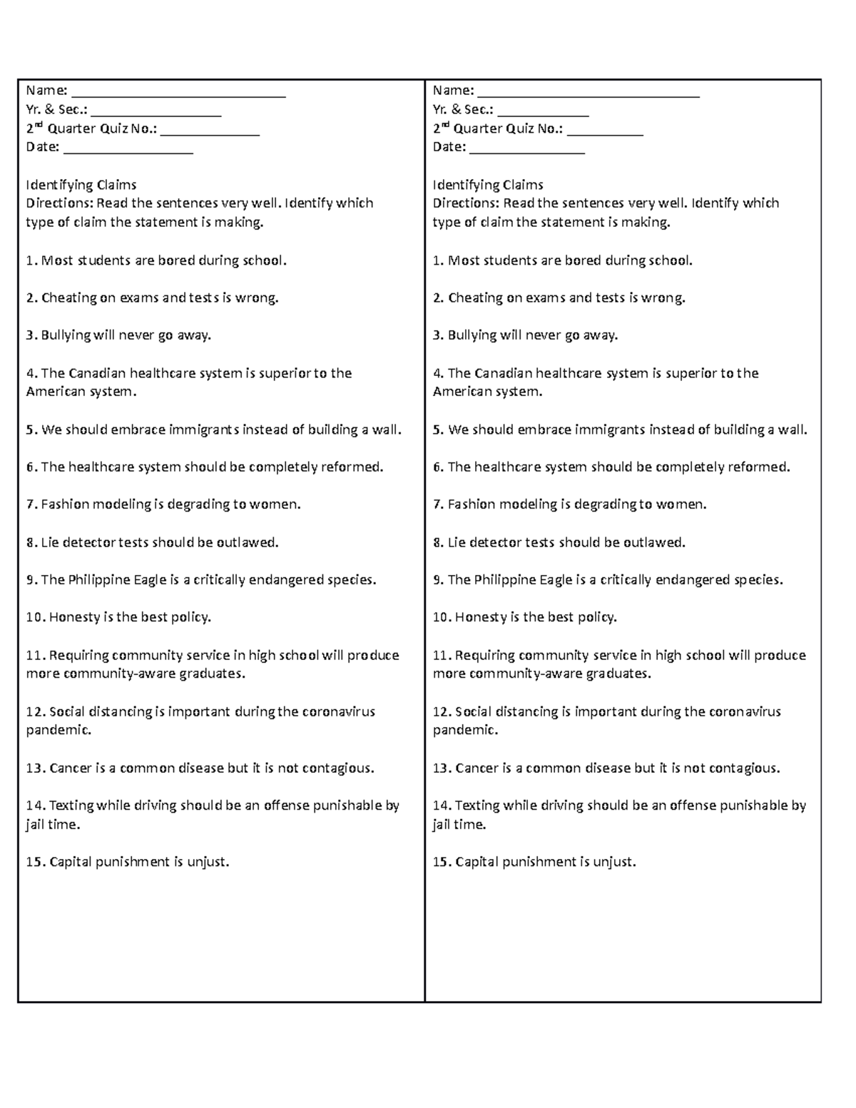 3 Types OF Claims - Name: ____________________________Yr. & Sec ...