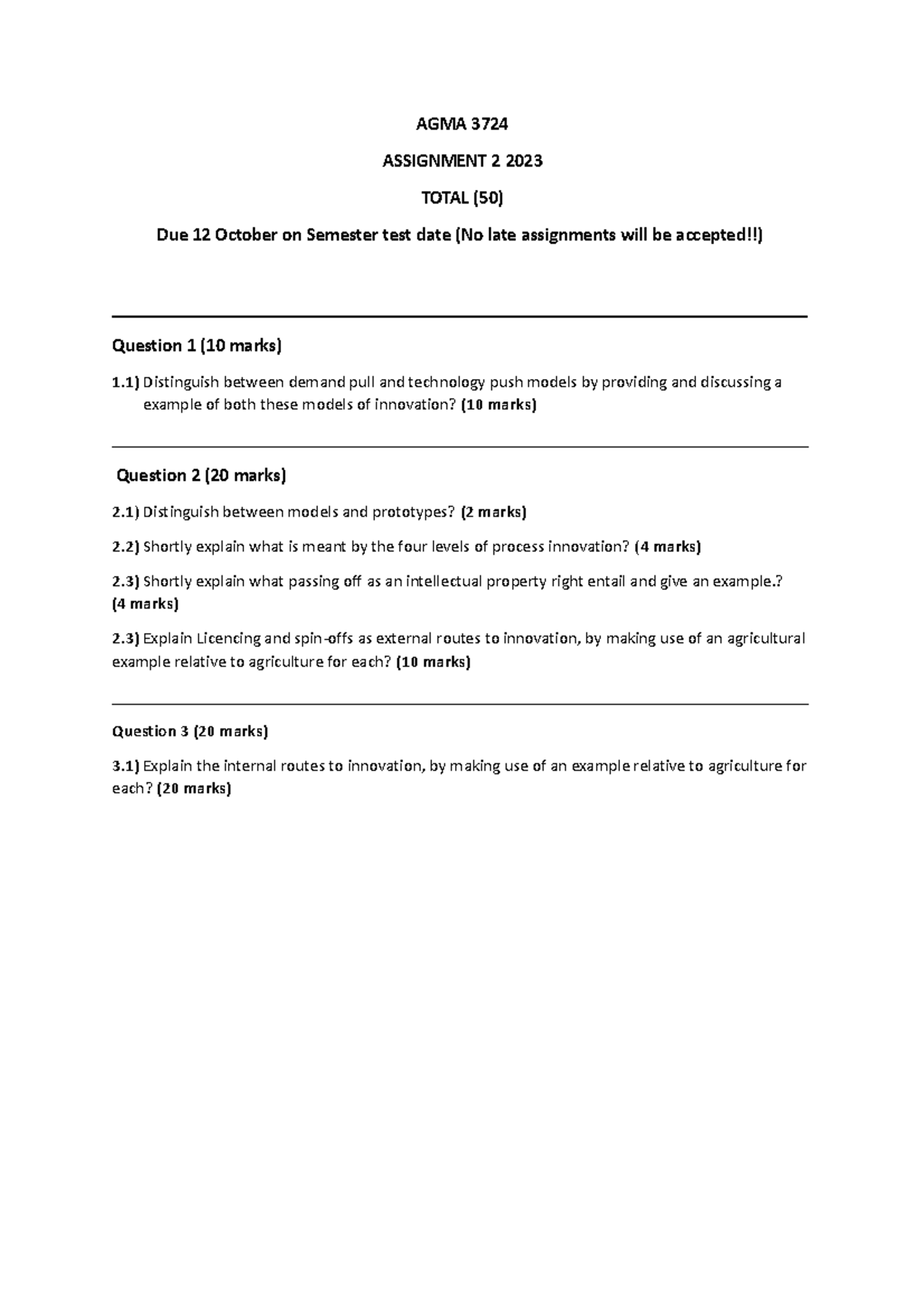 AGMA 3724 - assignment 2 - AGMA 3724 ASSIGNMENT 2 2023 TOTAL (50) Due ...