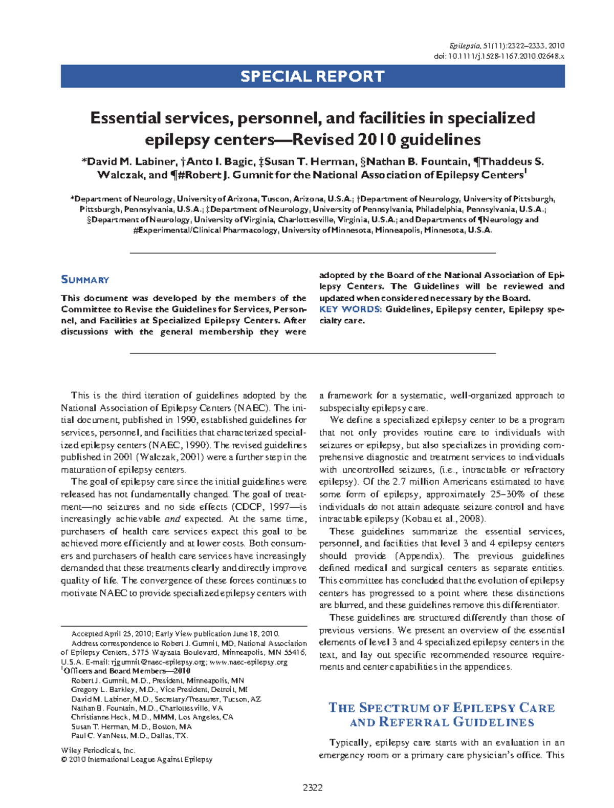 Guidelines Epilepsia - Essential services, personnel, and facilities in ...