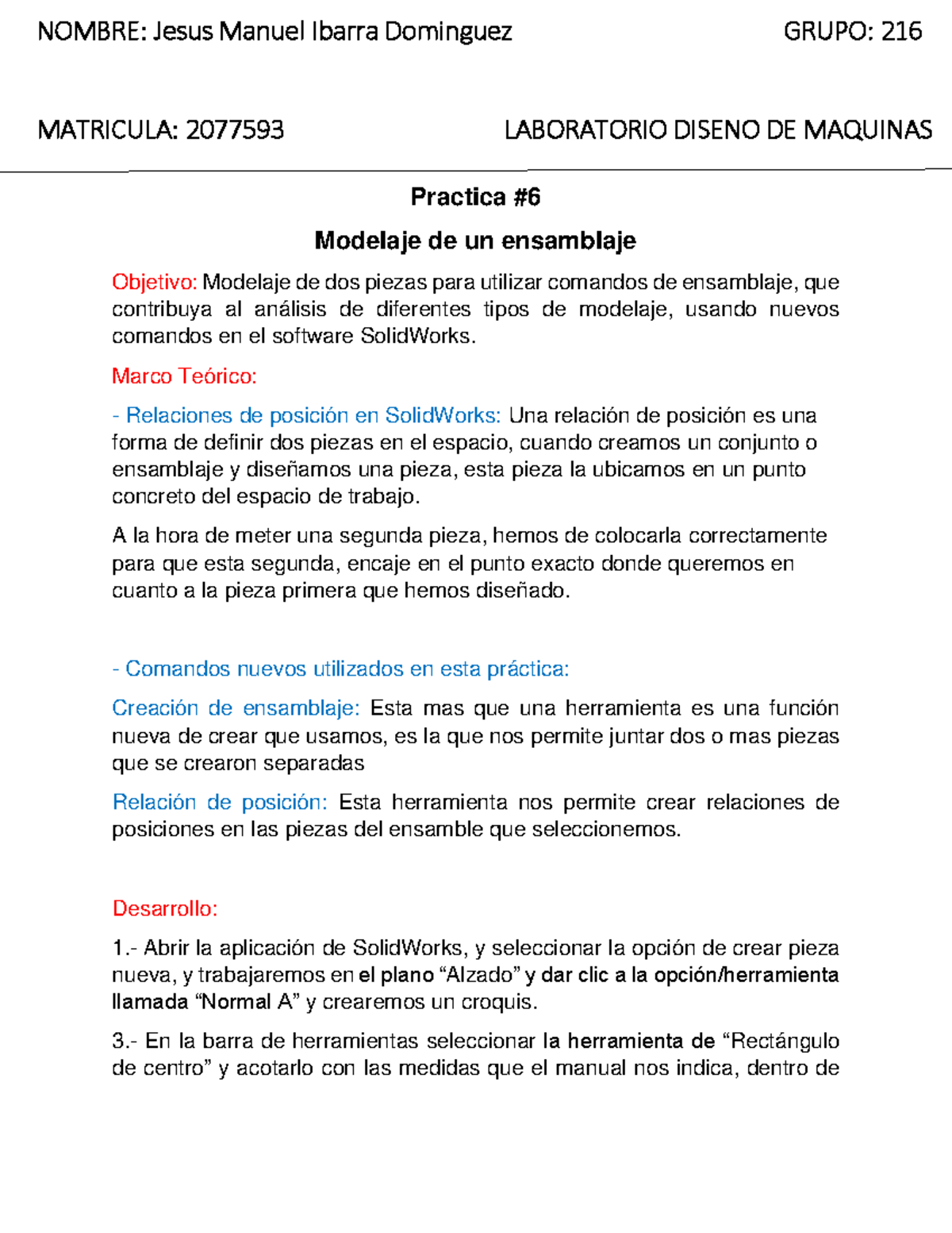 2077593 Practica 6 Dis Maquinas - Practica # 6 Modelaje de un ensamblaje Objetivo: Modelaje de ...