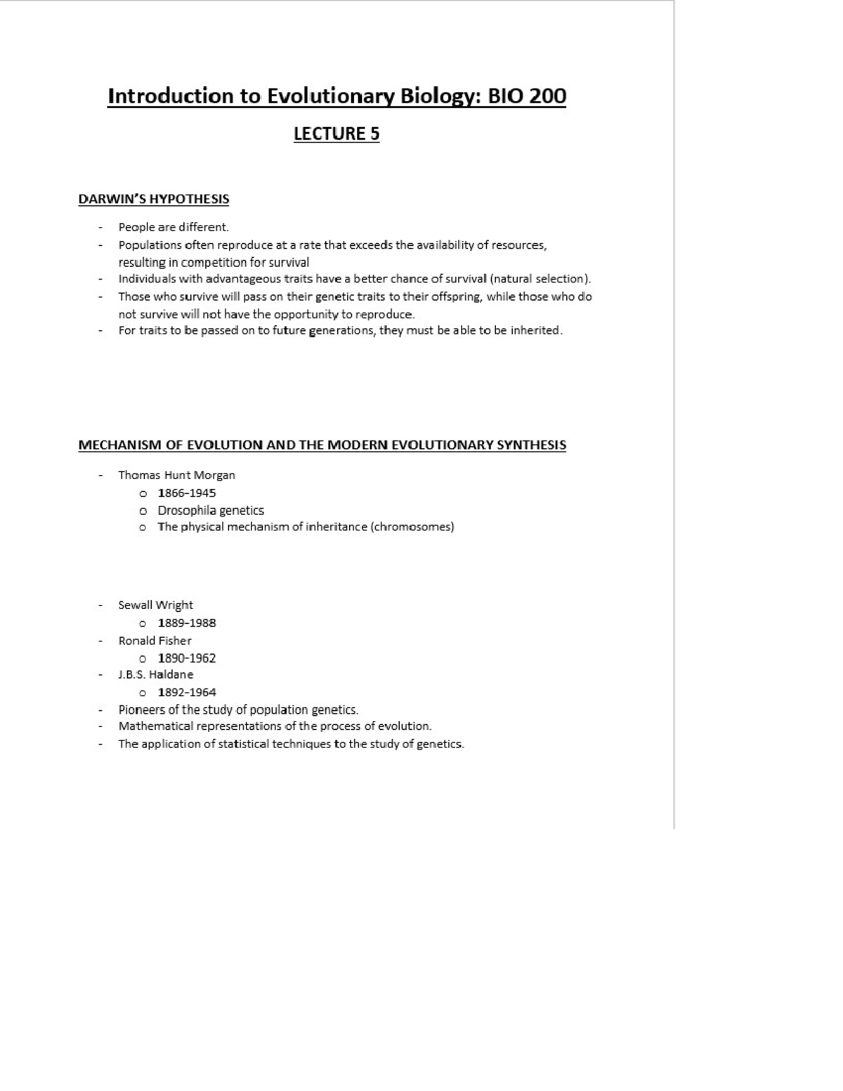 1st page of Lecture 5-Introduction to Evolutionary Biology own notes ...