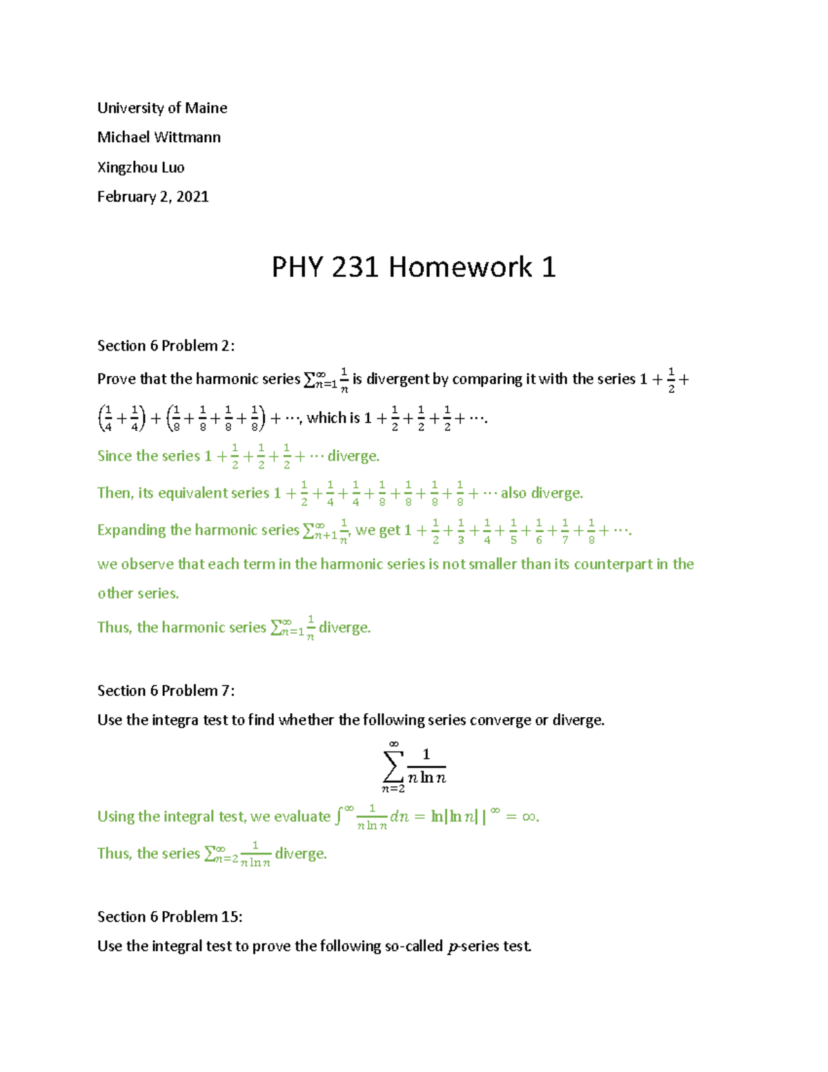 PHY 231 Homework 1 - University of Maine Michael Wittmann Xingzhou Luo ...