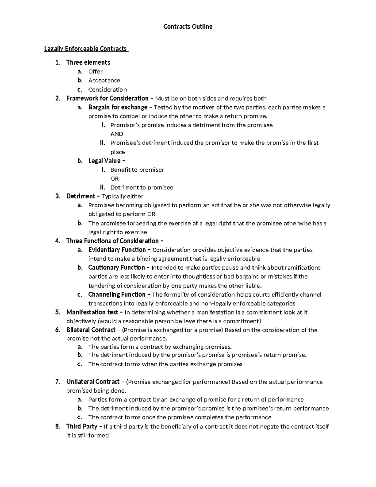 Contract 1 - Outline - Legally Enforceable Contracts 1. Three elements a. Offer b. Acceptance c ...