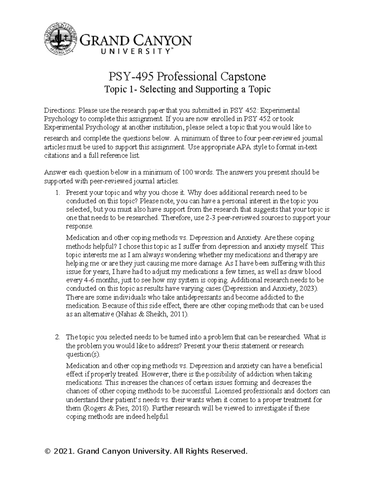 PSY495-Selecting Supporting Topic - PSY-495 Professional Capstone Topic ...
