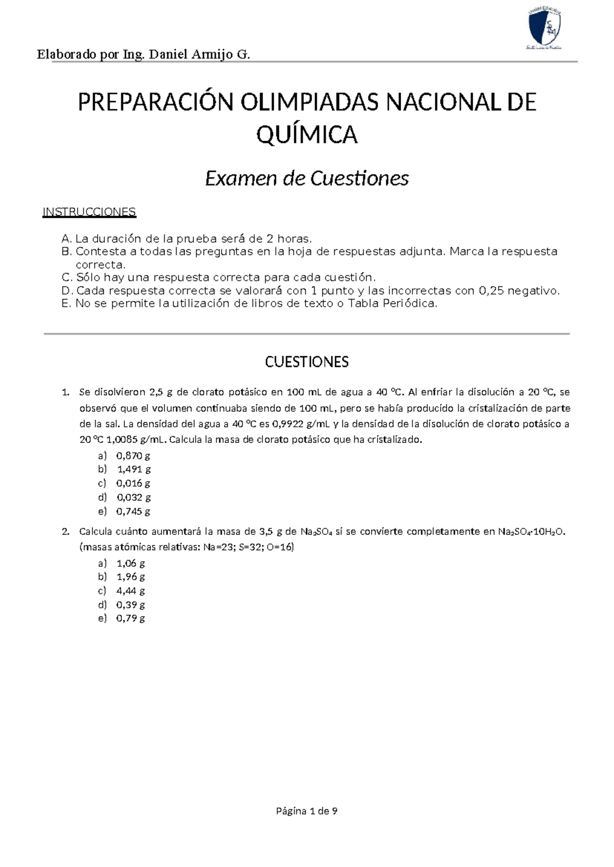 Preguntas de olimpiadas de Química 2 SLM - Elaborado por Ing. Daniel ...