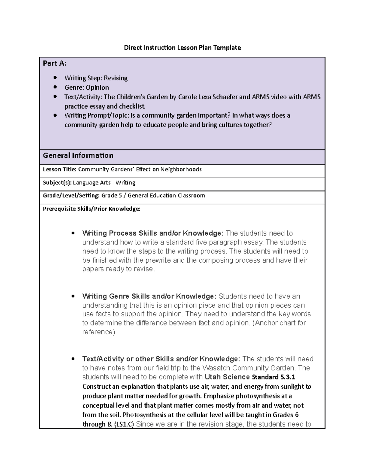 C365 Language Arts Karena Garfield - Direct Instruction Lesson Plan Template Part A: Writing ...