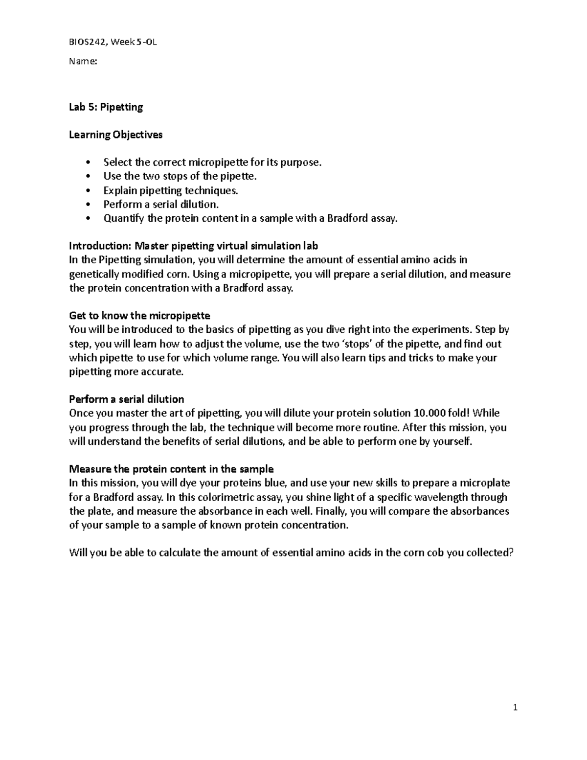 OL Pipetting - lab safety worksheet - BIOS242, Week 5-OL Name: Lab 5 ...