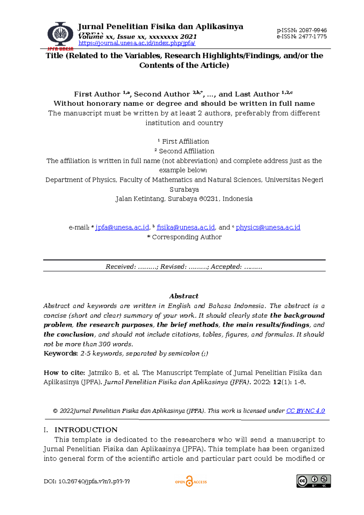 Template JPFA 2022 new - jurnal unesa - p-ISSN: 2087- e-ISSN: 2477- Jurnal Penelitian Fisika dan ...