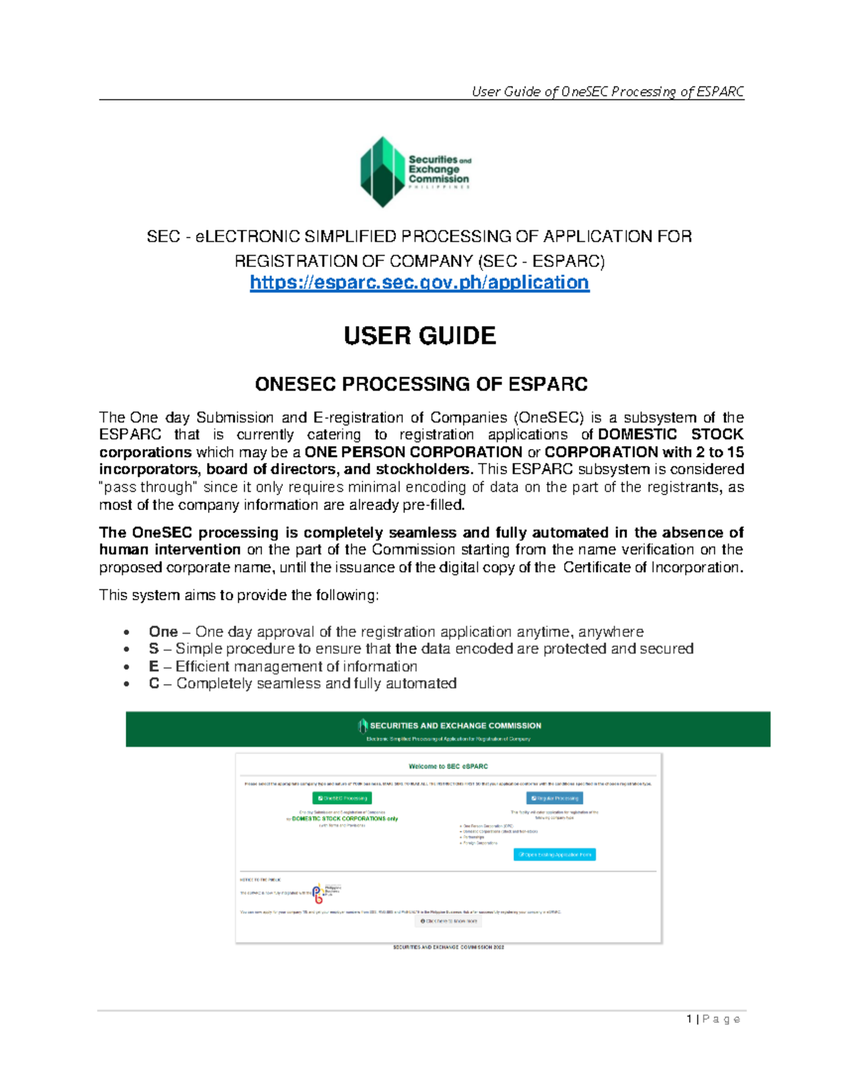 One SEC Processing of e Sparc User Guide - SEC - eLECTRONIC SIMPLIFIED ...