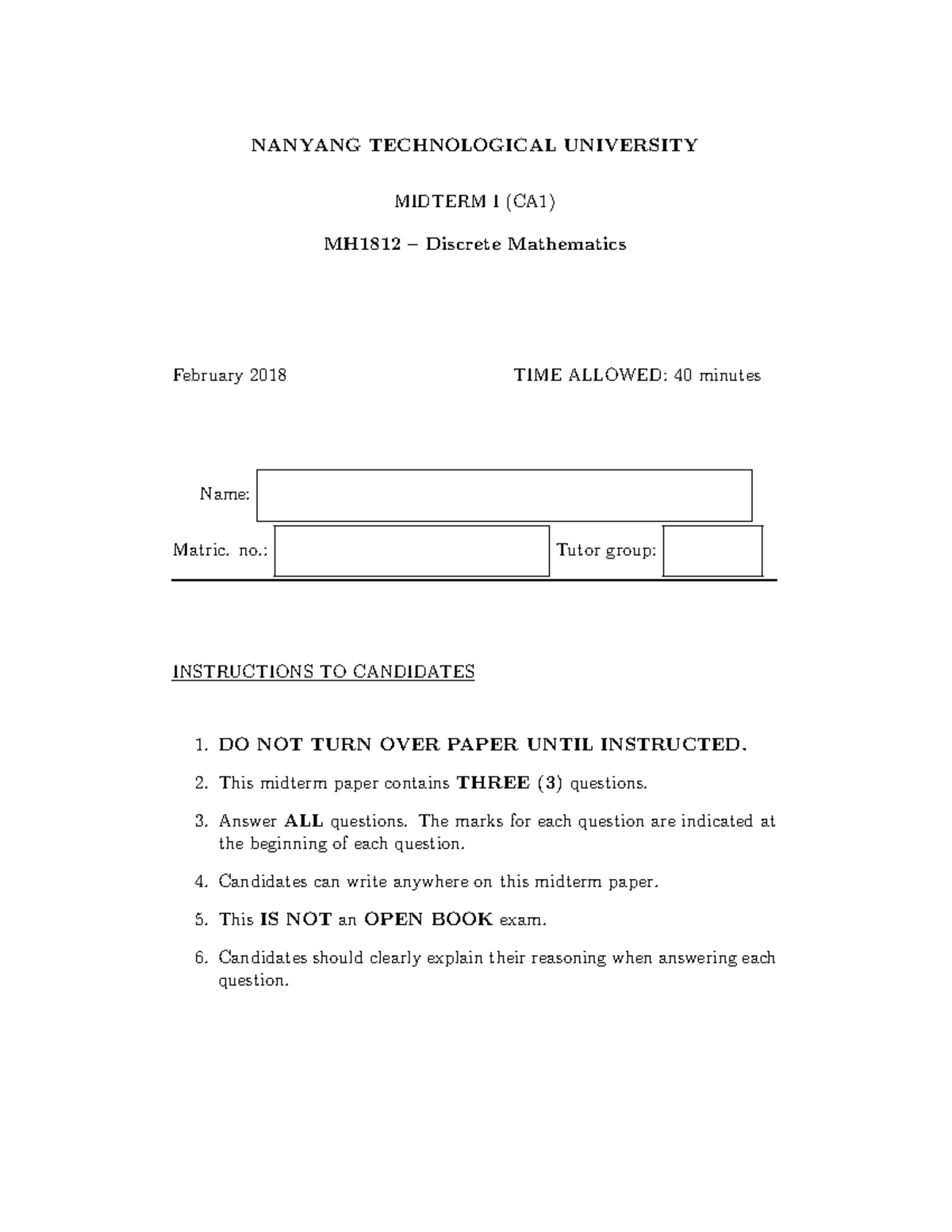 CA1-18 - CA1-18 - NANYANG TECHNOLOGICAL UNIVERSITY MIDTERM I (CA1) MH1812 – Discrete Mathematics ...