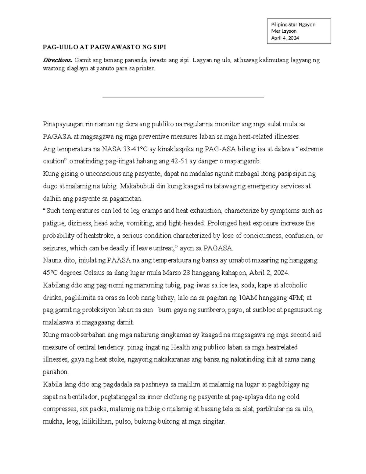 CRHW-2-Filipino - PAG-UULO AT PAGWAWASTO NG SIPI Directions. Gamit ang ...