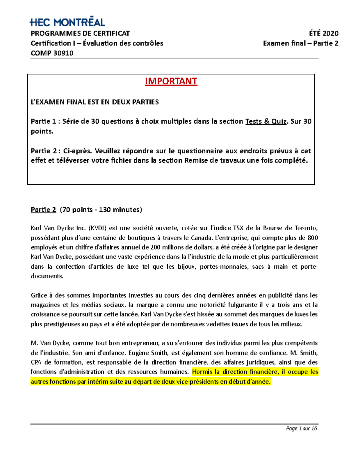 30-910 Examen Final E2020 VF - Certification I – Évaluation des ...