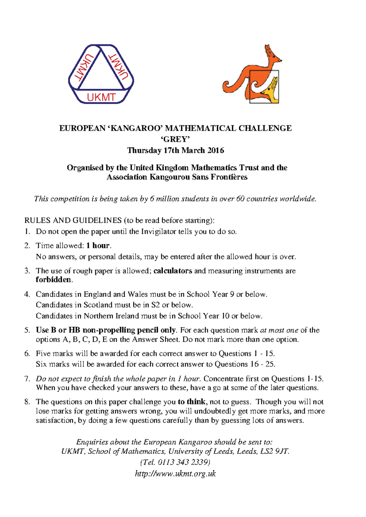 IMK Grey Kangaro 2016 Questions only - UKMT UKMT UKMT EUROPEAN ‘KANGAROO’ MATHEMATICAL CHALLENGE ...