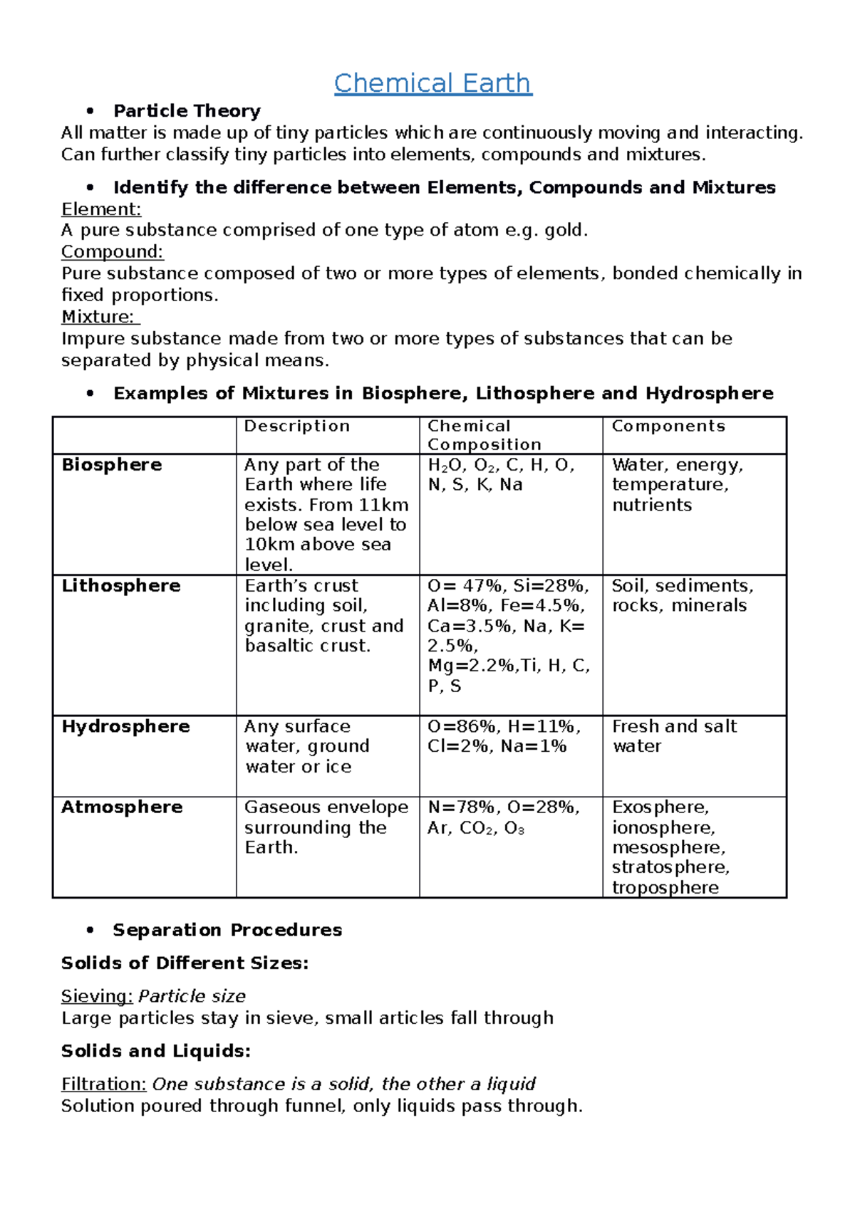 Chem notes yearly - Chemical Earth Particle Theory All matter is made ...