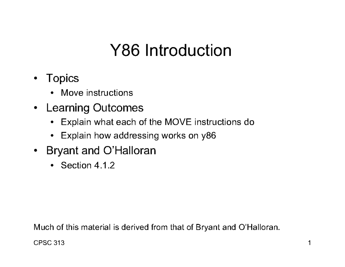 Y86-intro-2 - Lecture notes 4 - Y86 Introduction • Topics Move ...