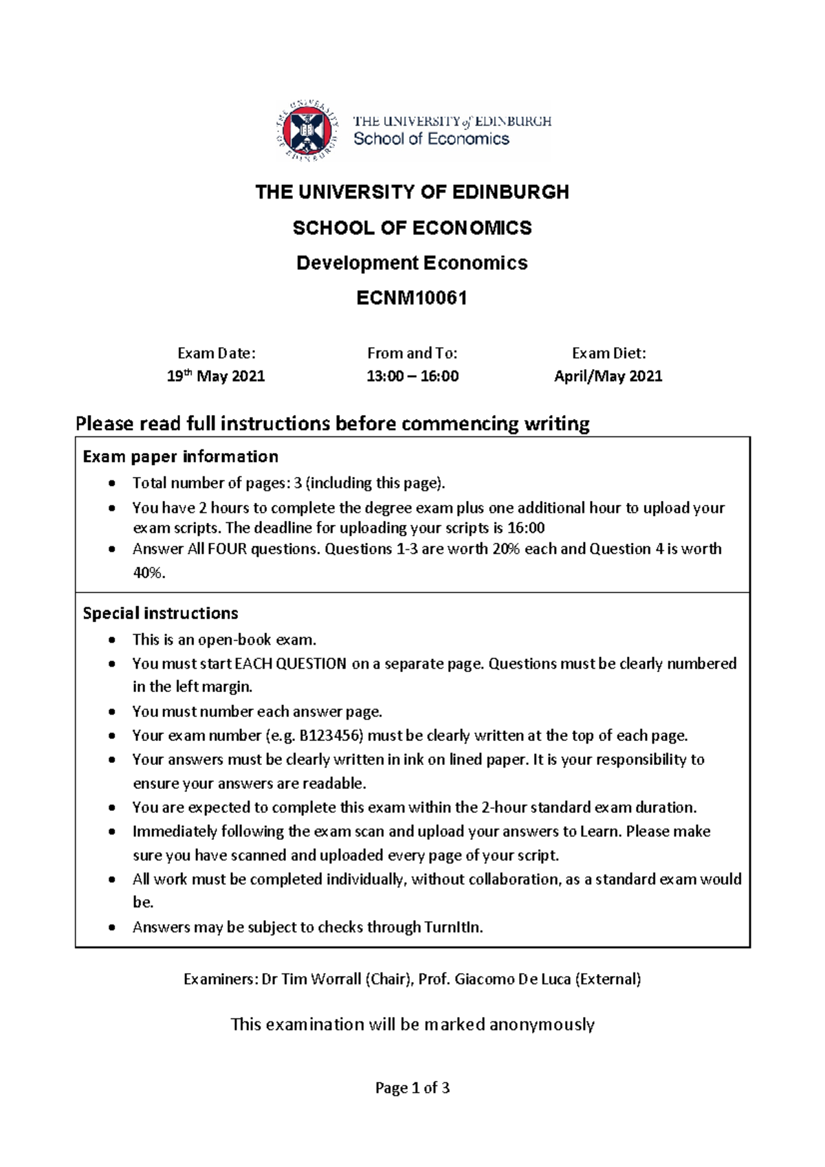 2021478 ECNM10061 - Past Exam Paper - Page 1 of 3 THE UNIVERSITY OF ...