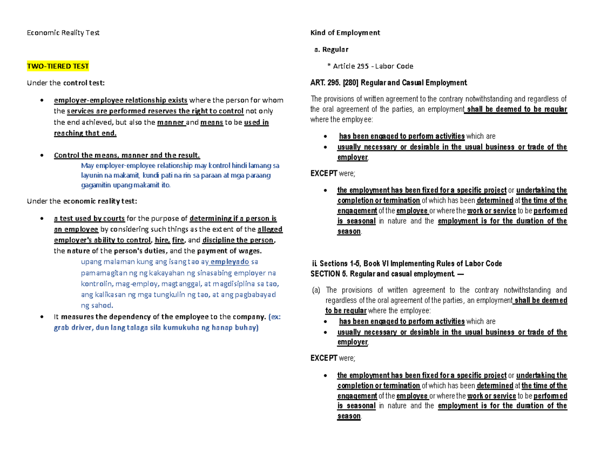 WEEK 5 Reviewer - Summary Psychology - Economic Reality Test TWO-TIERED ...
