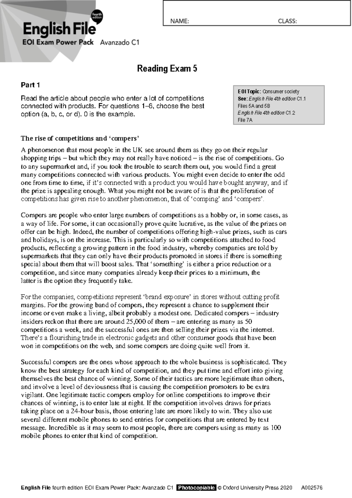 C1 Reading 5 MODELO DE EXAMEN - Reading Exam 5 Part 1 Read the article ...