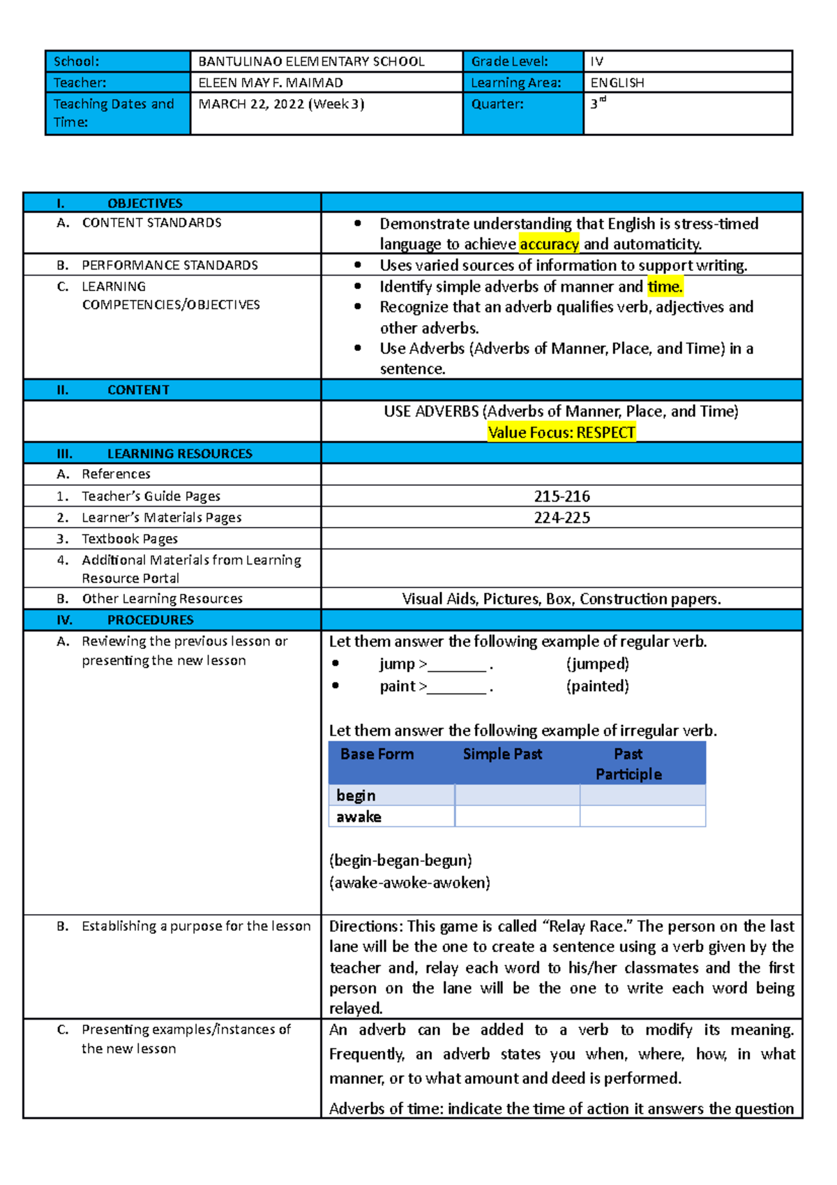 Dlp grade 4 - GEGENIA LAVISUREZ - School: BANTULINAO ELEMENTARY SCHOOL ...