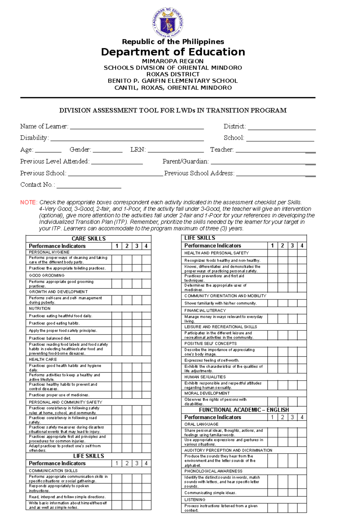 Assessment Form for SPED Transition Learners - Republic of the ...