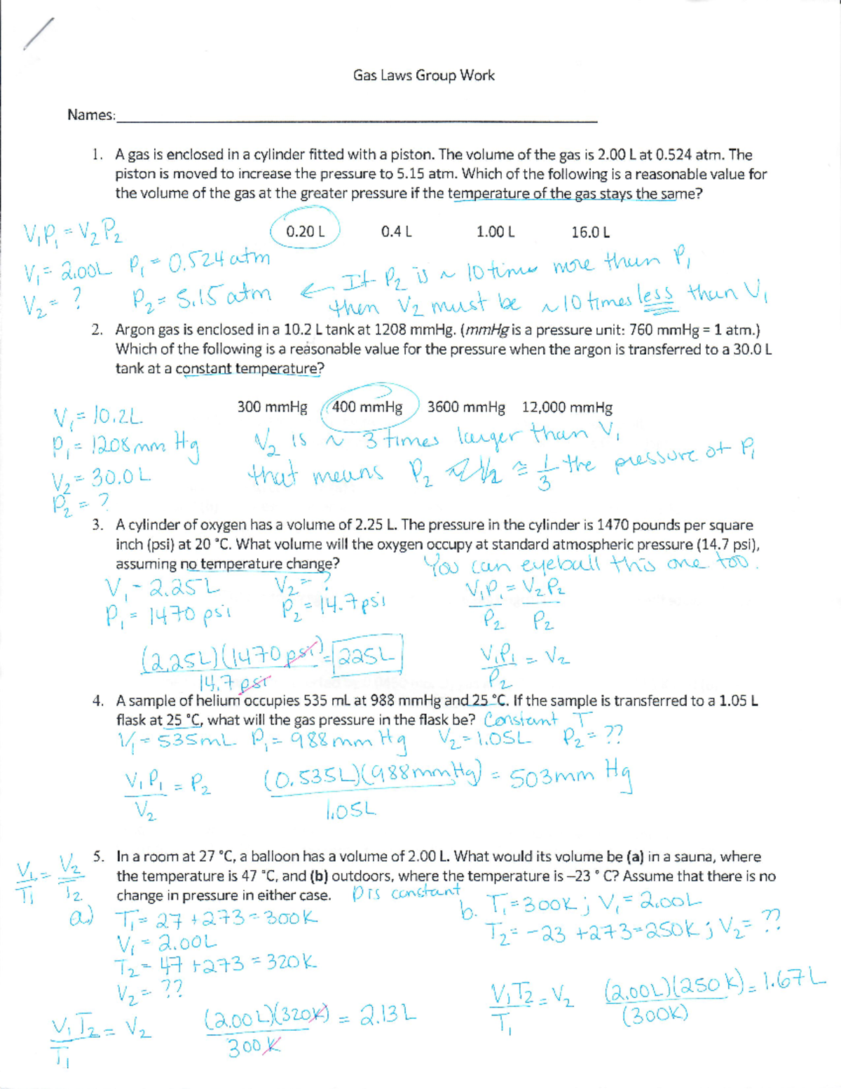 Gas Laws Group Work Key - N/A - CHEM 105 - CSN - Studocu