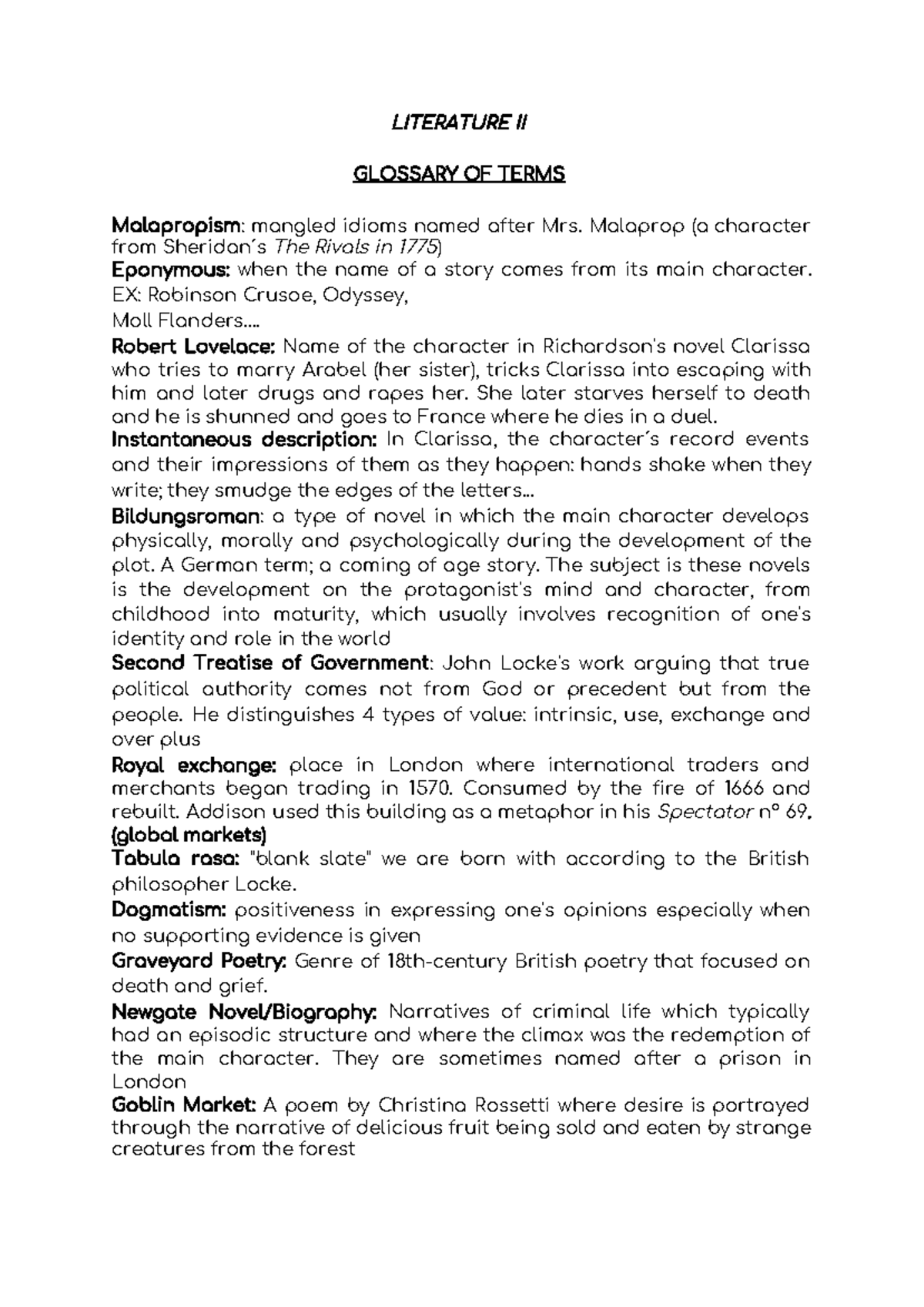 Glosary - Lecture notes 1-10 - LITERATURE II GLOSSARY OF TERMS ...