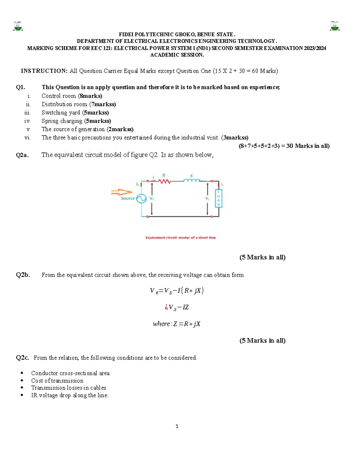 EEC 121 Marking scheme - FIDEI POLYTECHNIC GBOKO, BENUE STATE ...
