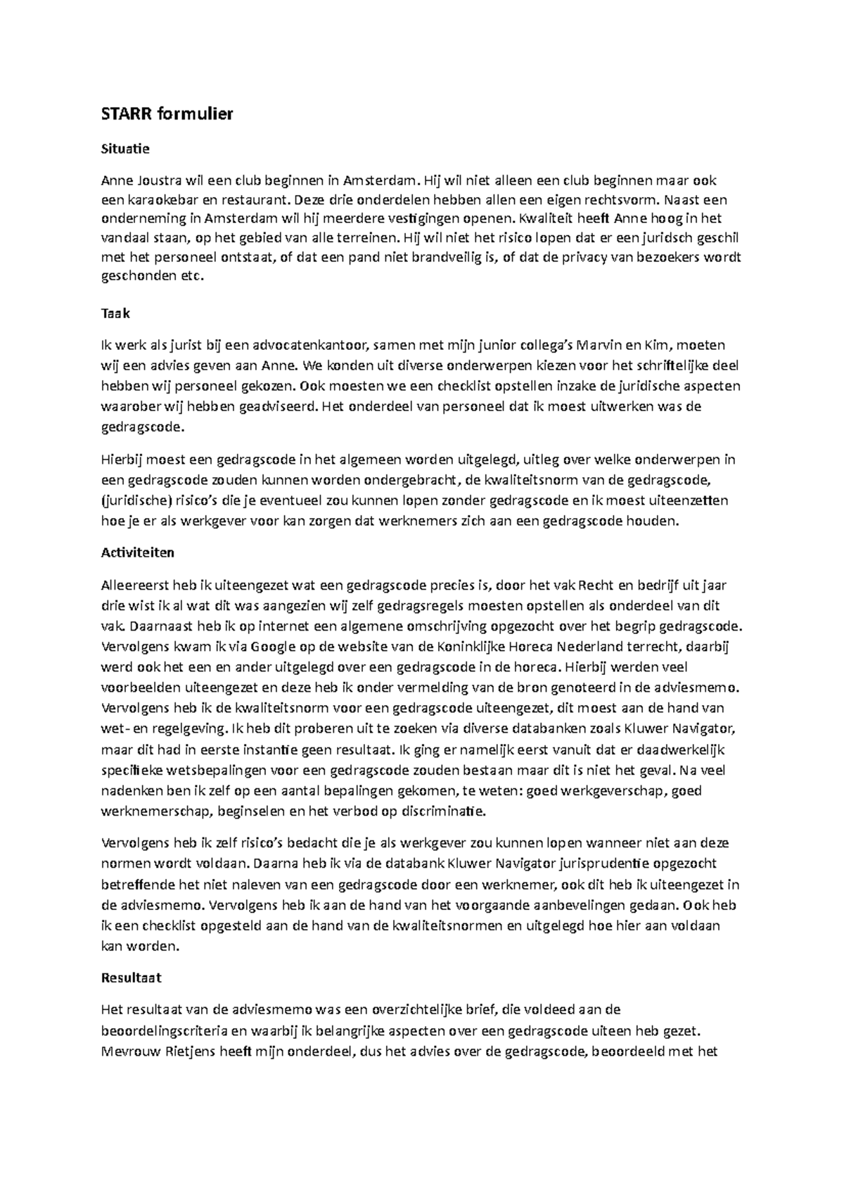 Starr formulier JKZ - STARR formulier Situatie Anne Joustra wil een club beginnen in Amsterdam ...