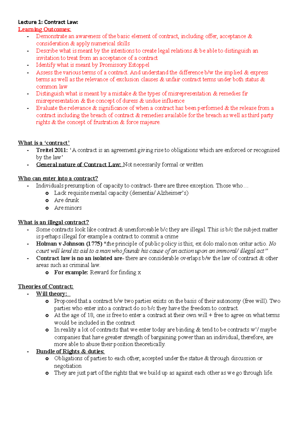 Lecture 1- Contract Law I(intro) - Learning Outcomes: - Demonstrate an ...