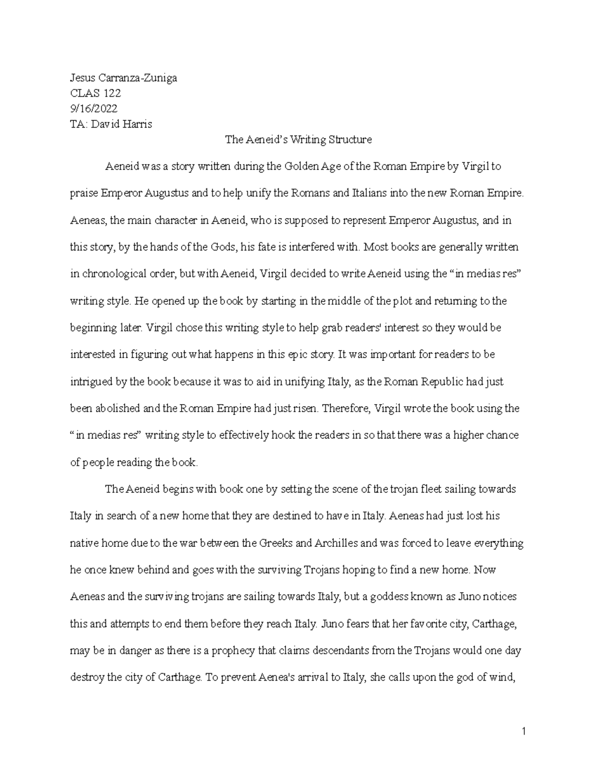 The Aeneid s Writing Structure Paper - Jesus Carranza-Zuniga CLAS 122 9 ...