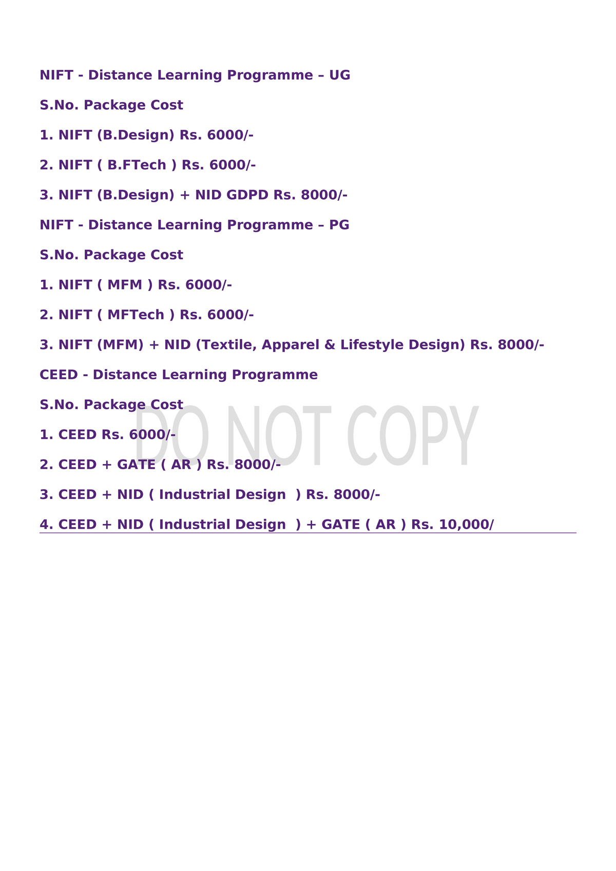 NIFT - Package Cost NIFT (B) Rs. 6000/- NIFT ( B ) Rs. 6000/- NIFT (B ...