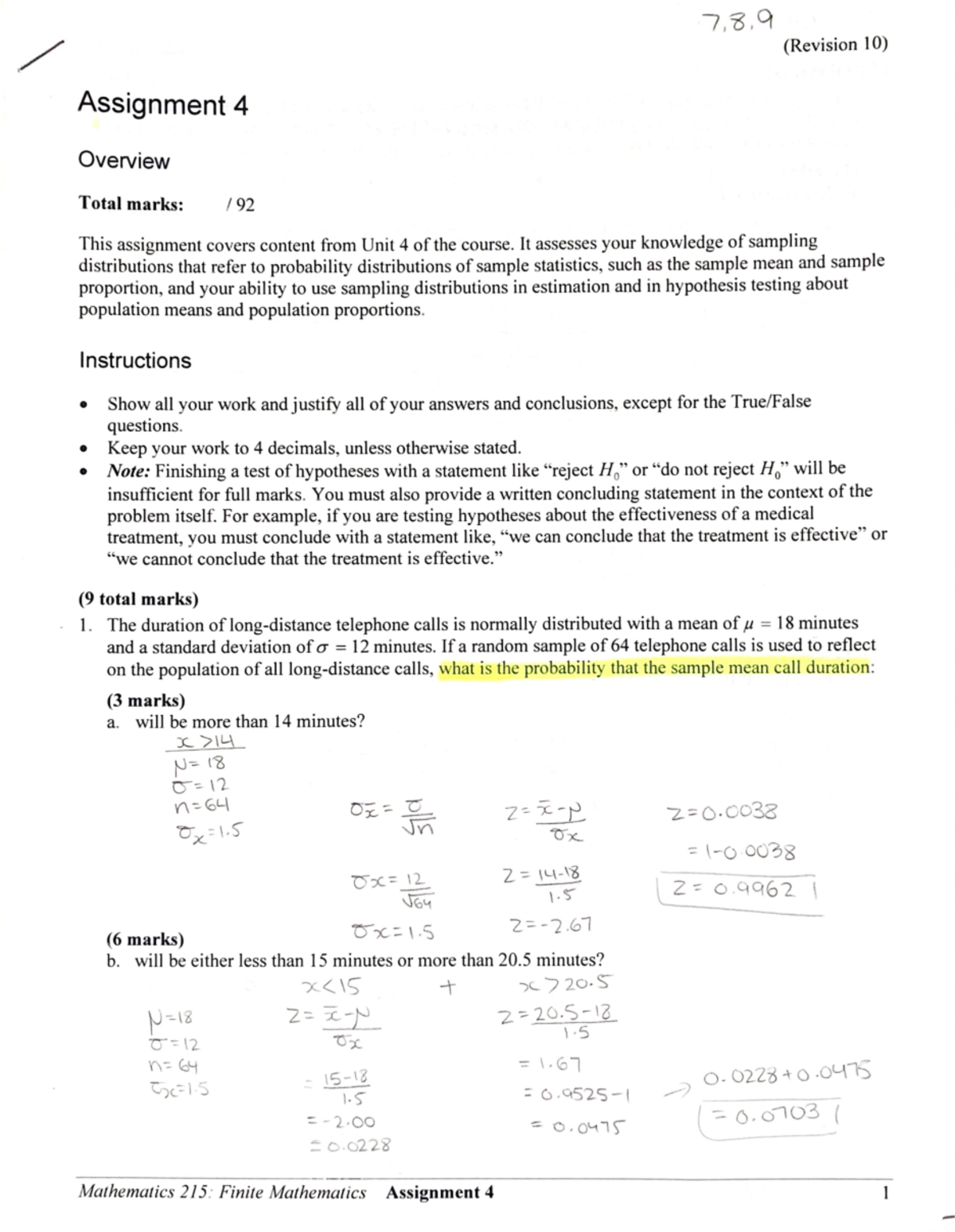 Assignment 4 - Math 215 - Studocu