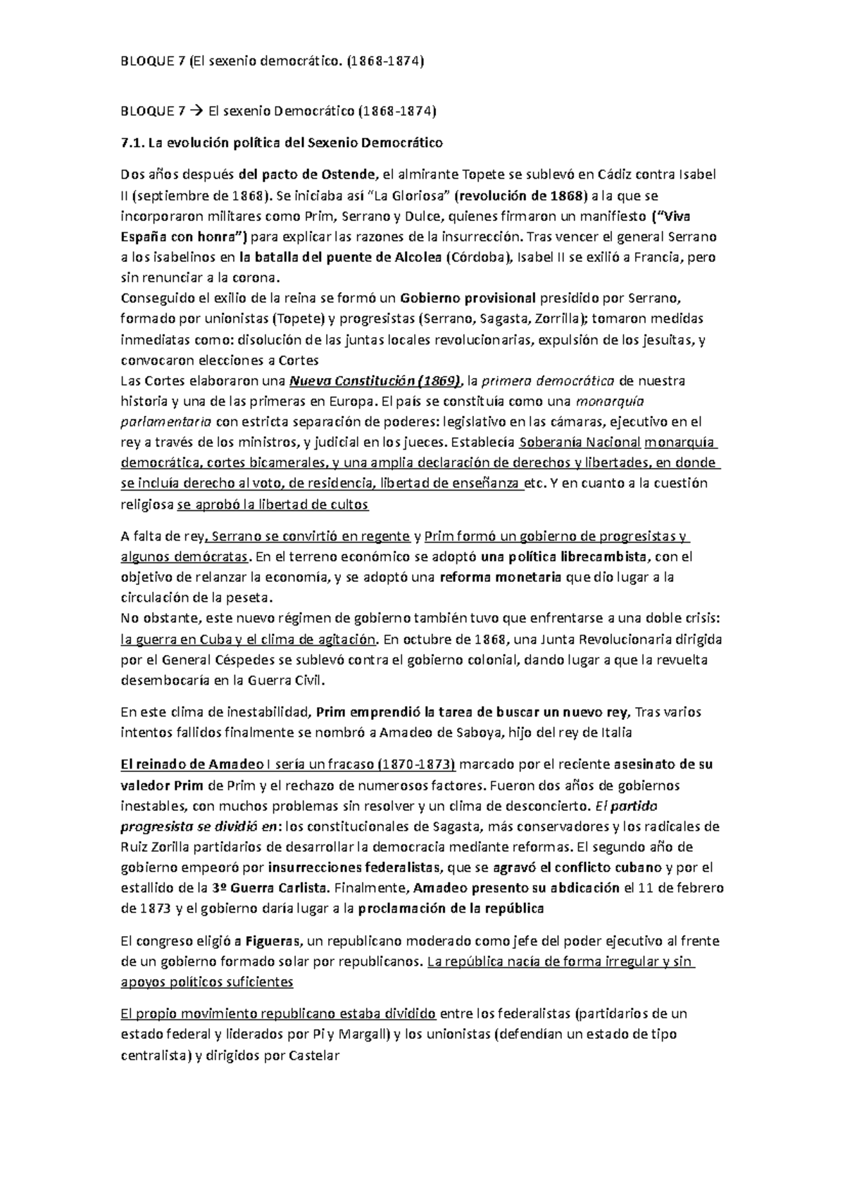 Bloque 7 ``El sexenio democrático (1868-1874)´´ - BLOQUE 7 El sexenio Democrático (1868-1874) 7 ...