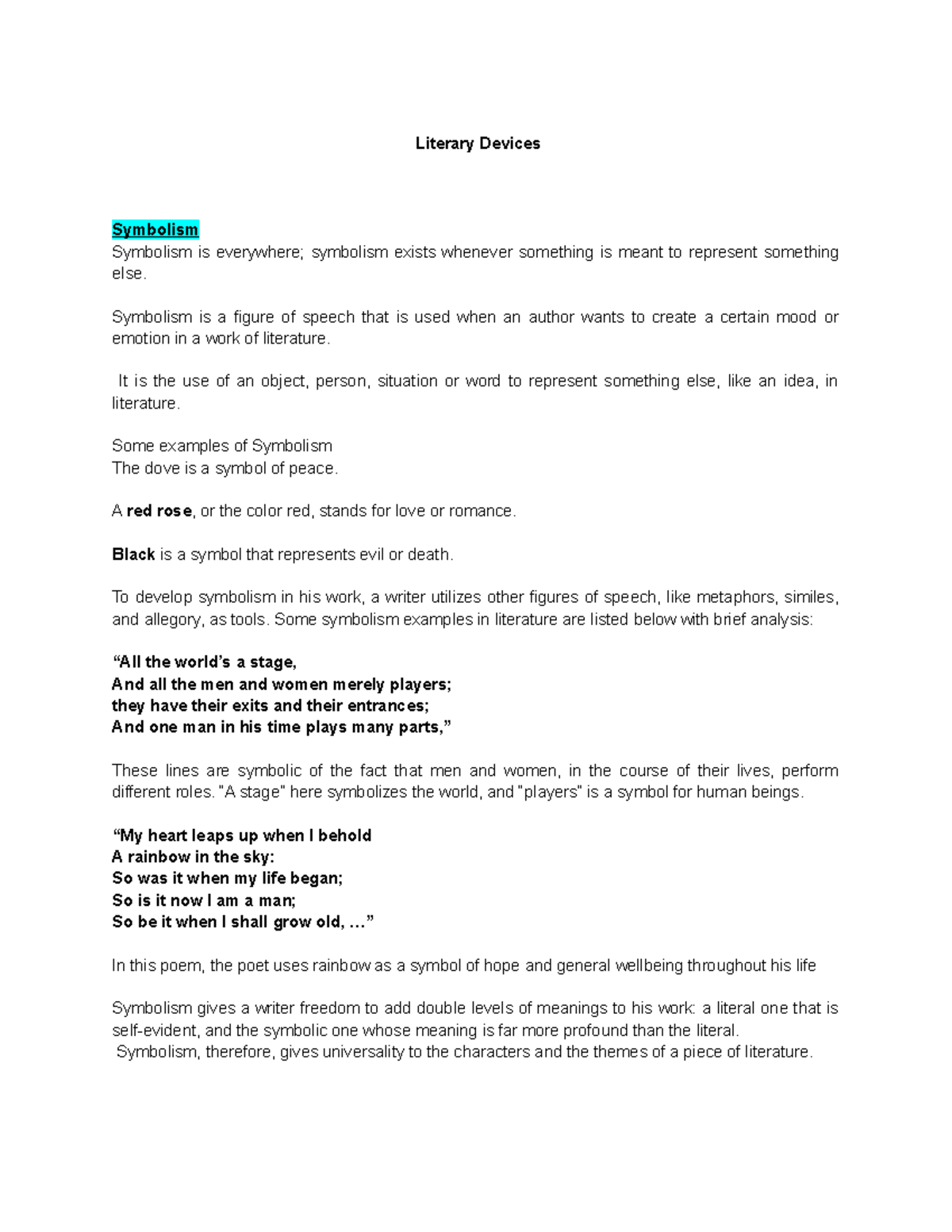 English - REFER AS NOTES. - Literary Devices Symbolism Symbolism is ...