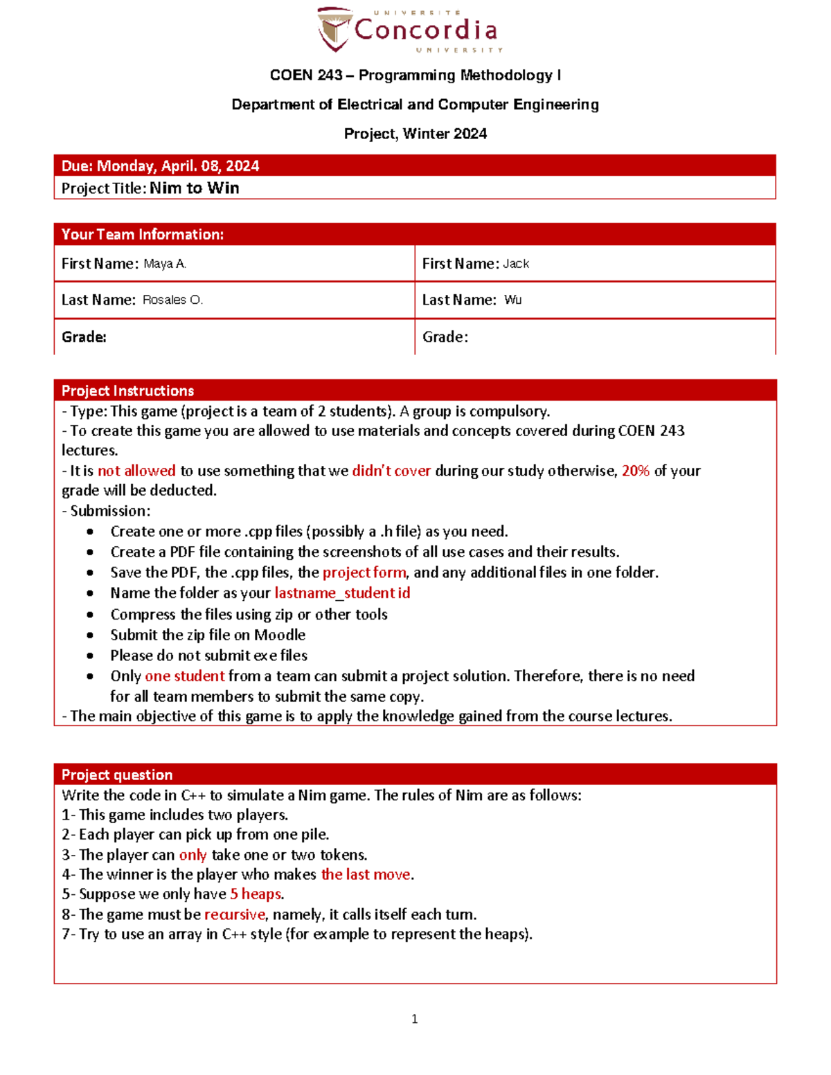 Project COEN 243 2024 W - 1 COEN 243 – Programming Methodology I Department of Electrical and ...