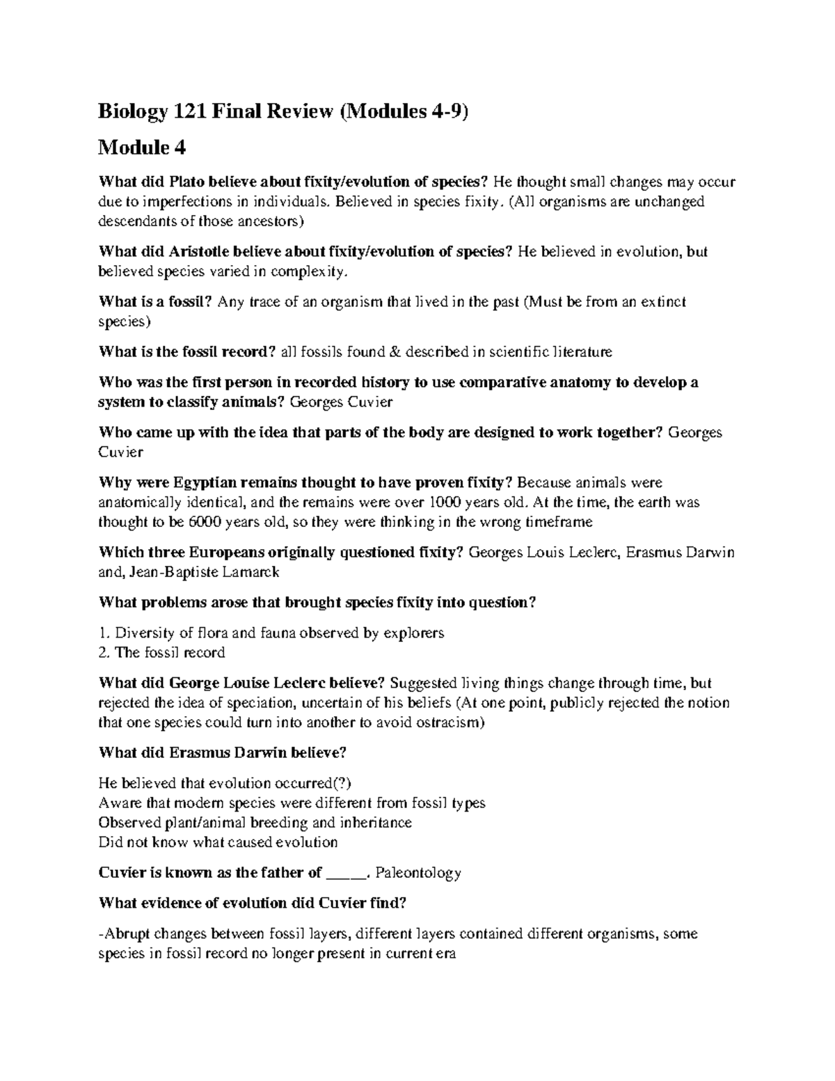 Biology 121 Final Review - Biology 121 Final Review (Modules 4-9 ...