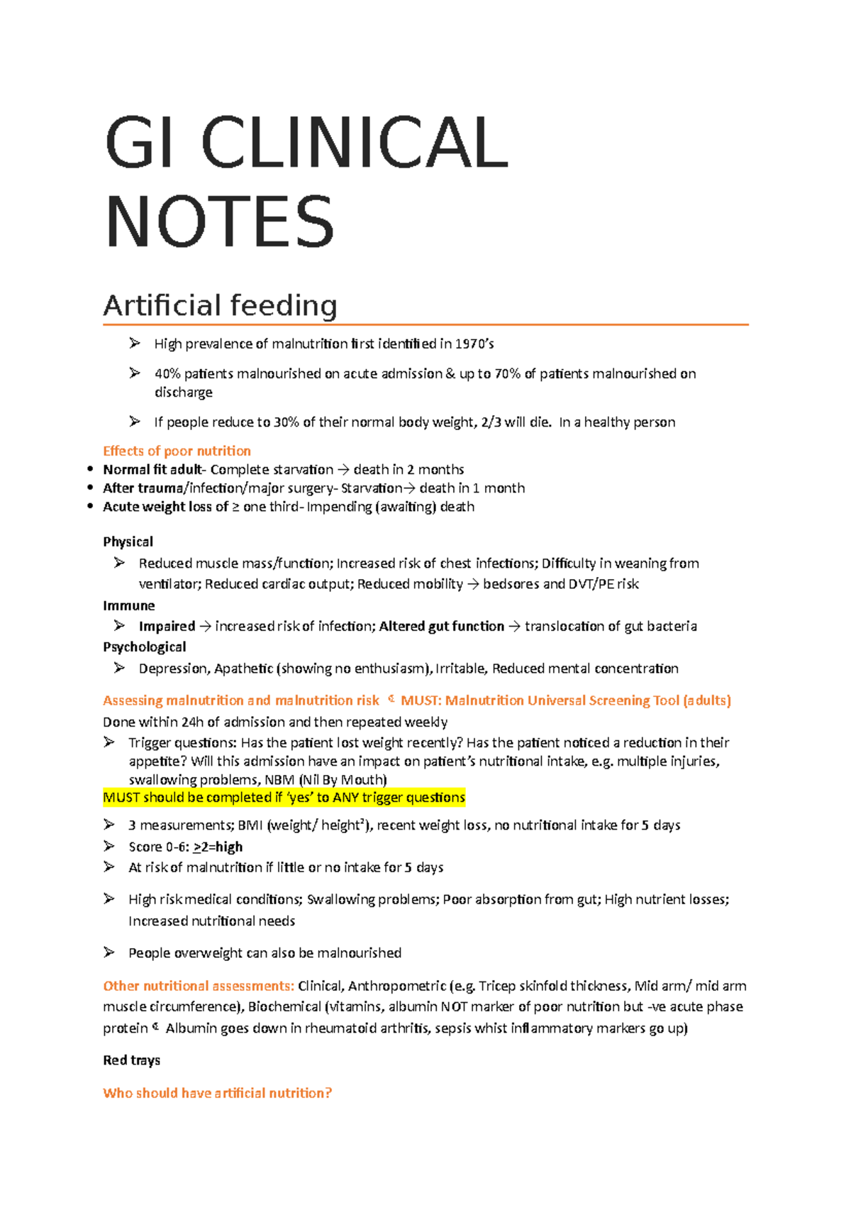 GI Clinical Notes - GI CLINICAL NOTES Artificial feeding High ...