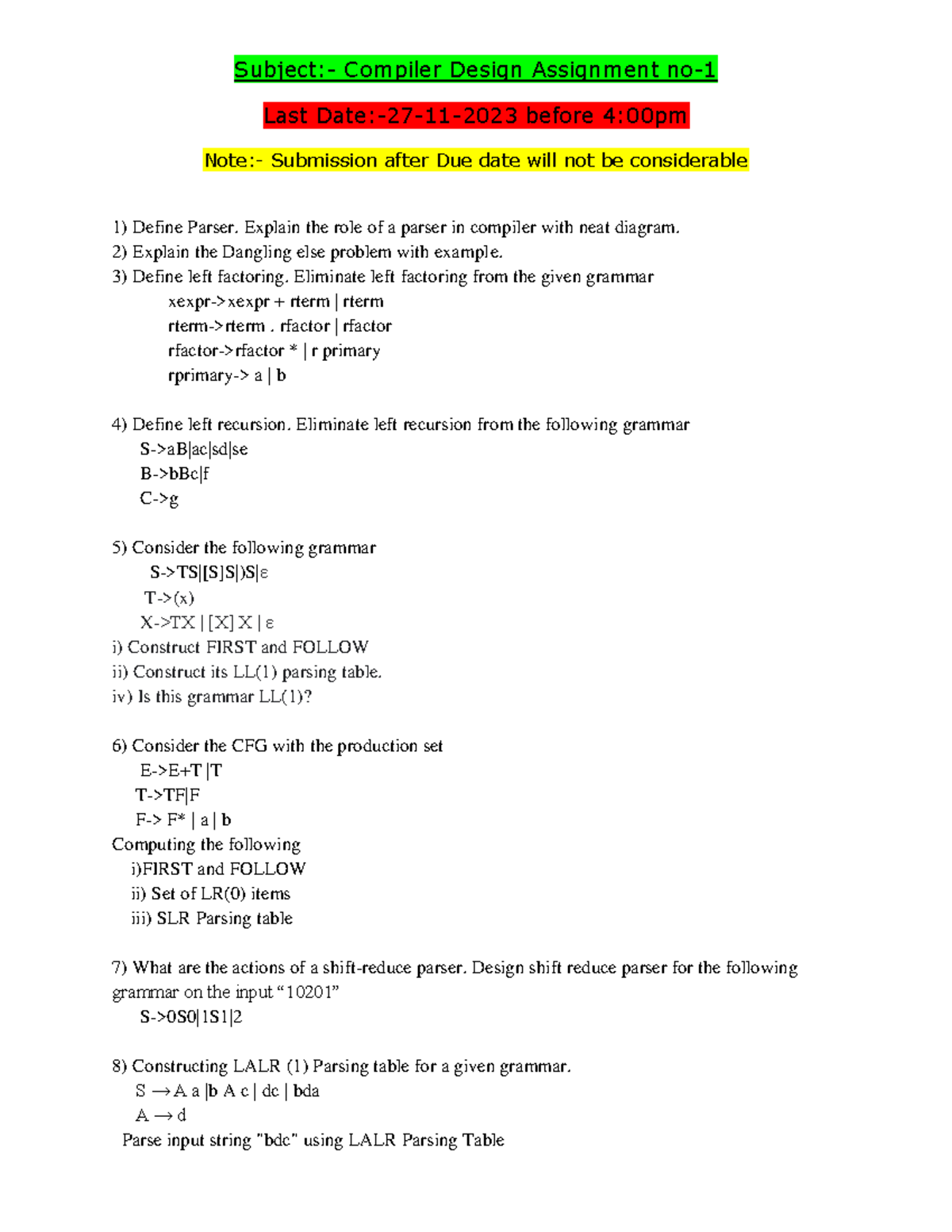 CD Assignment no-1 - Subject:- Compiler Design Assignment no- 1 Last Date:- 27 - 11 - 2023 ...