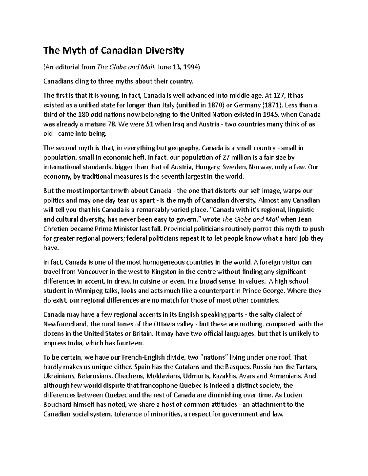 The Myth of Canadian Diversity - The first is that it is young. In fact ...