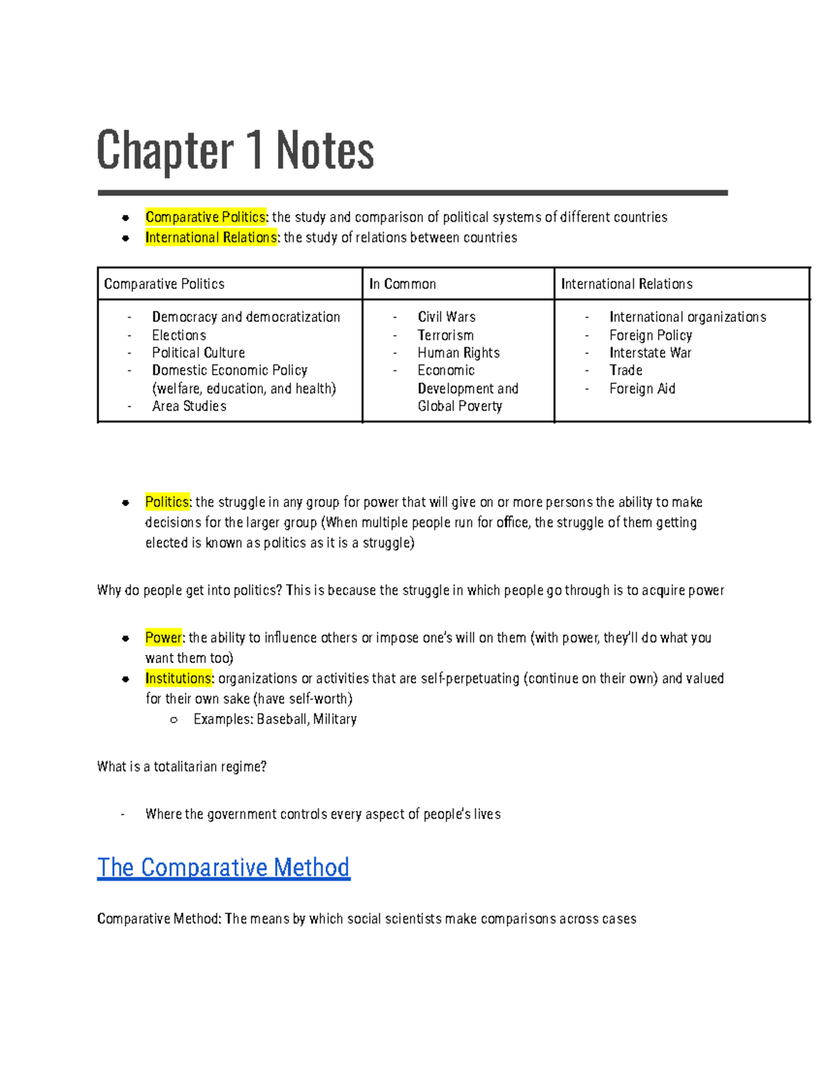 Chapter 1 COP Notes - Chapter 1 Notes Comparative Politics: the study ...