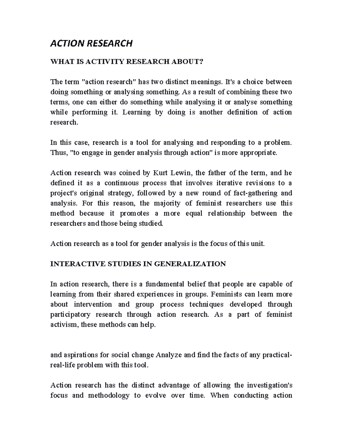 Action Research - Lecture notes 1 - ACTION RESEARCH WHAT IS ACTIVITY ...