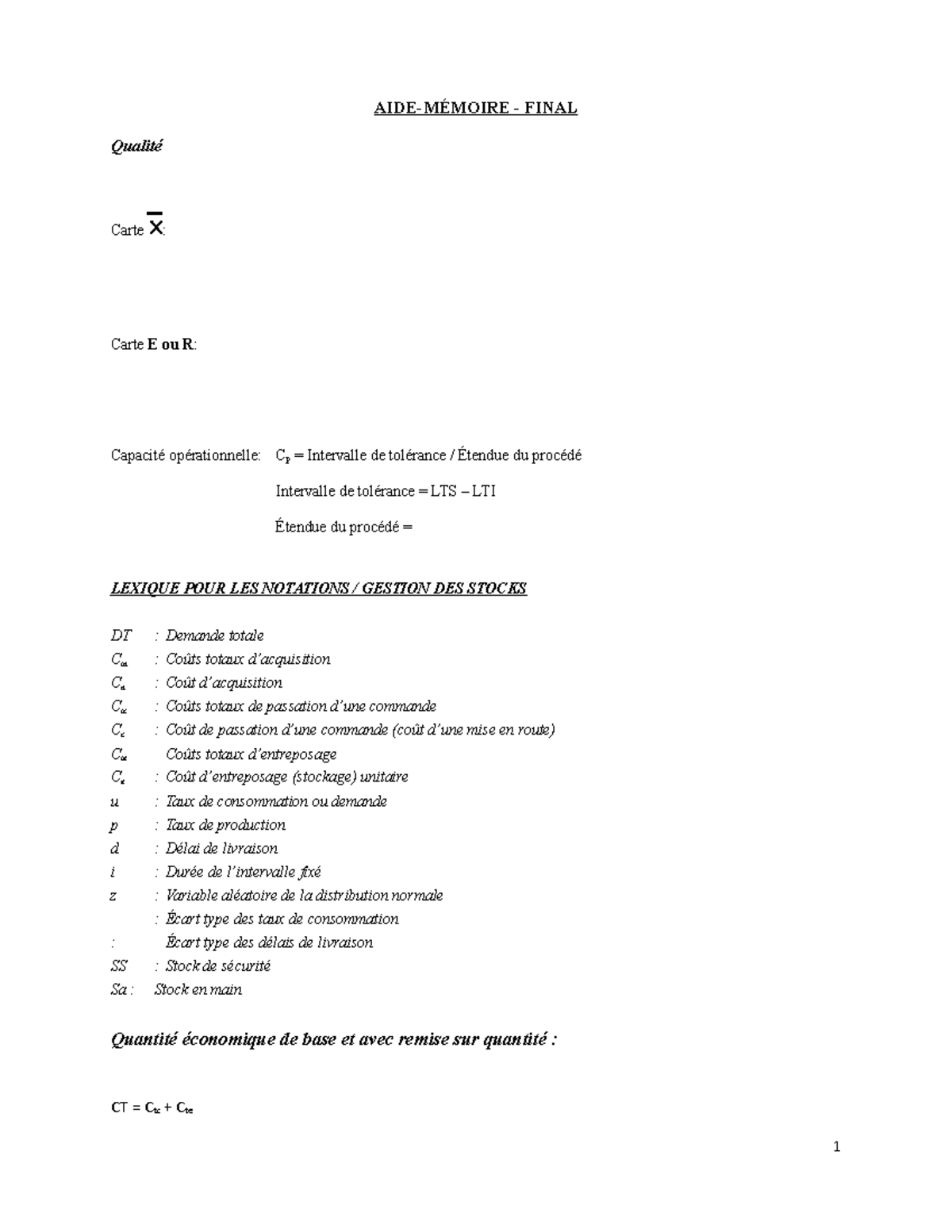 Aide-memoire 2 - memo - AIDE-MÉMOIRE - FINAL Qualité Carte X: Carte E ...
