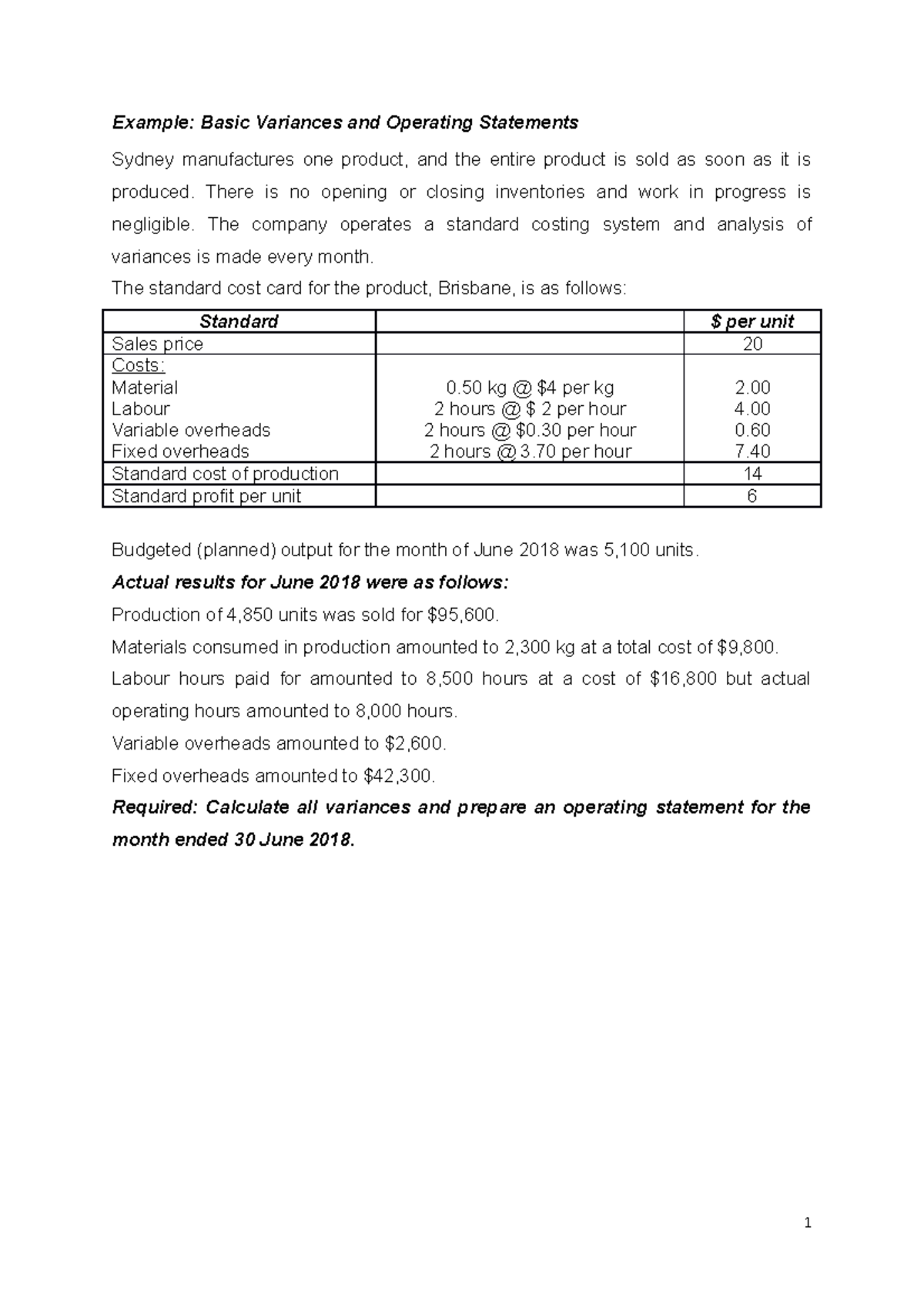 Examples FMA-9 - practice material - Example: Basic Variances and ...