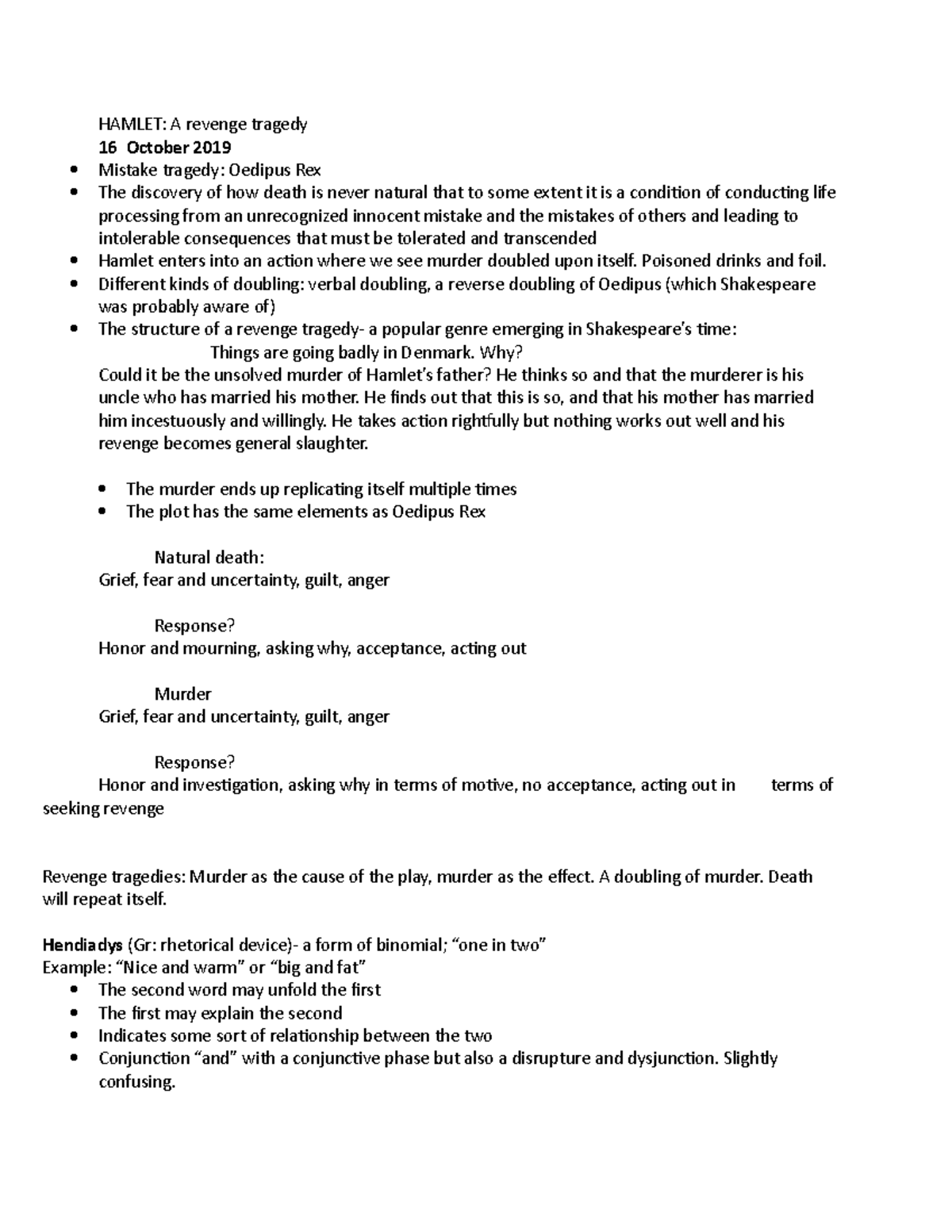 Lecture Notes for Shakespeare - HAMLET: A revenge tragedy 16 October ...