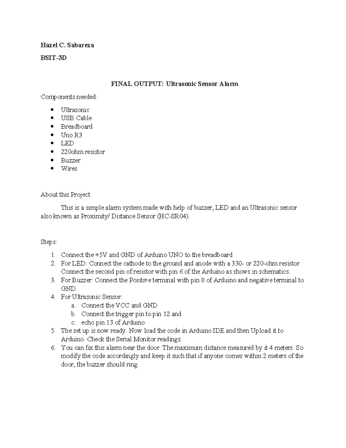 Ultrasonic Sensor Alarm - Hazel C. Sabareza BSIT-3D FINAL OUTPUT ...