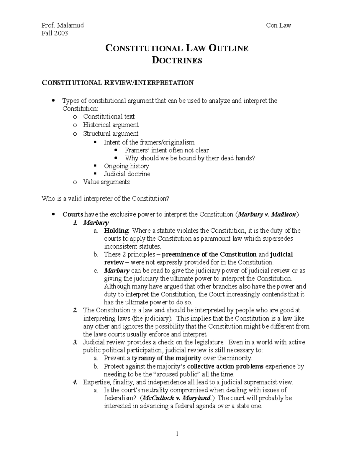 Malamud f03 - Outline - Fall 2003 CONSTITUTIONAL LAW OUTLINE DOCTRINES ...